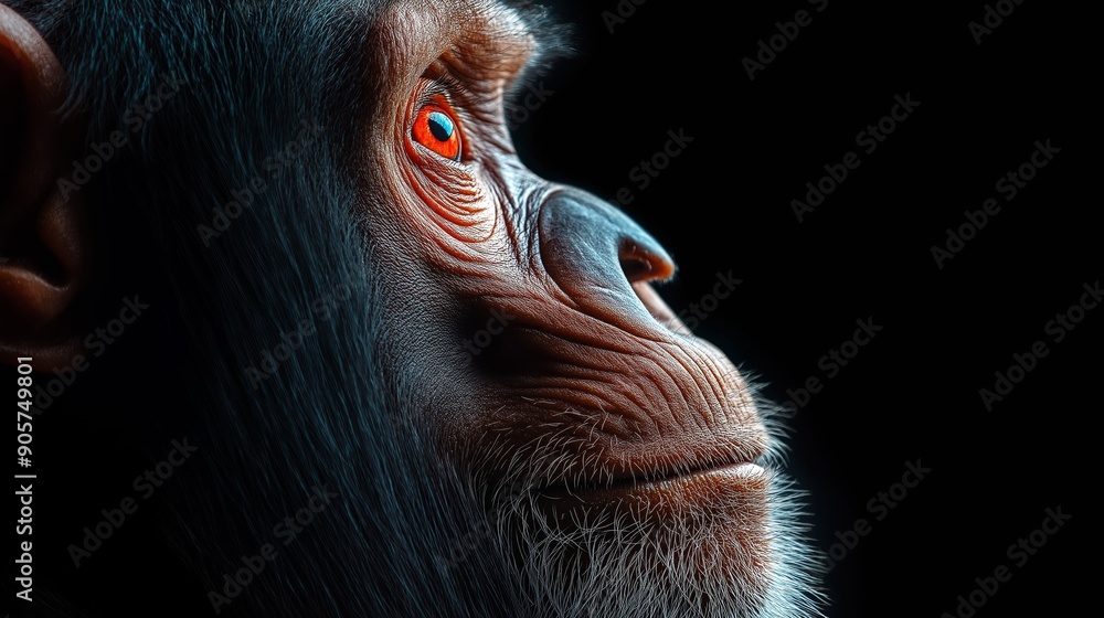 Side Profile of Chimpanzee with Intense Red Eye on Black Background ...