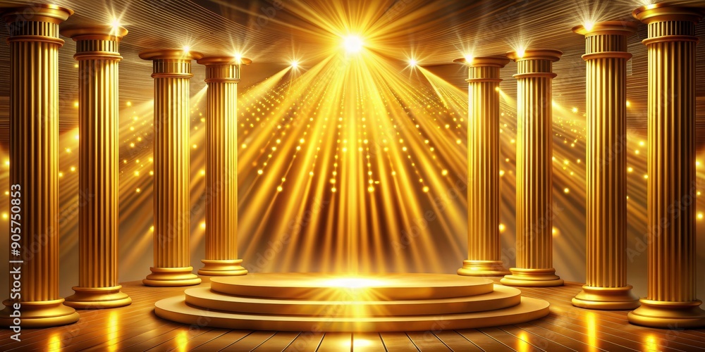 Golden Pillars and Stage with Spotlights, 3D Render, Stage, Spotlight ...