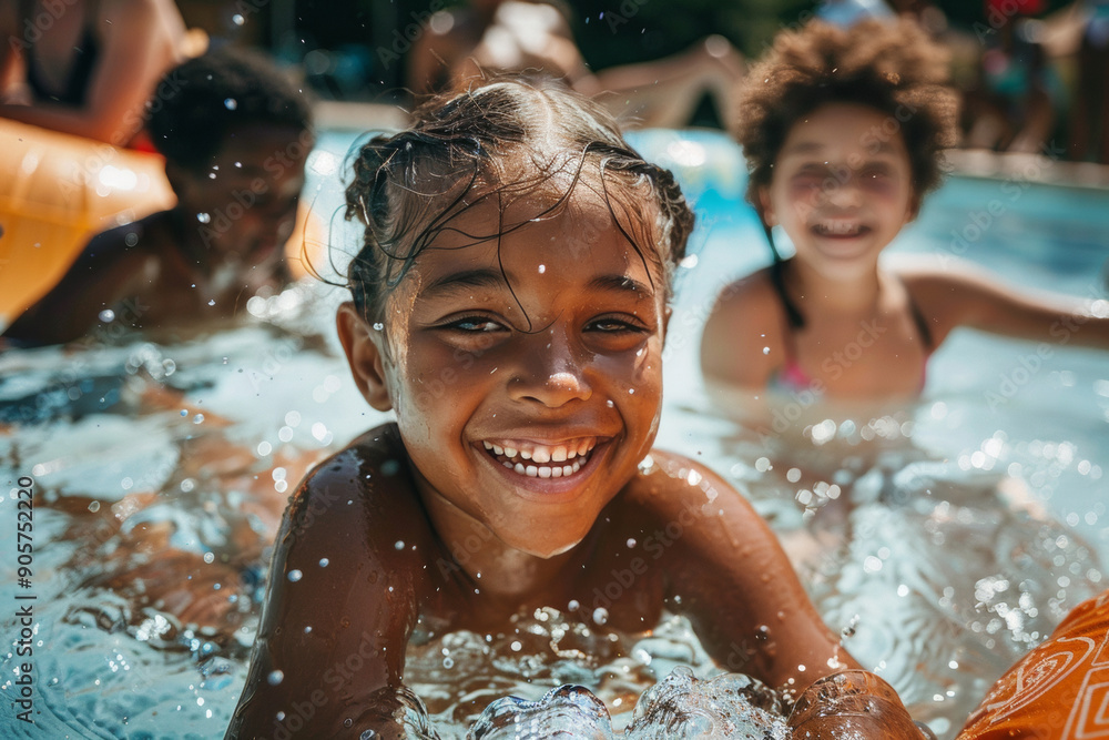 group of diverse children in swimming pool with inflatable ring circles ...