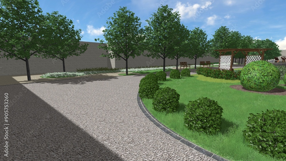 3d image of the landscape design of the home territory. Landscaping of ...