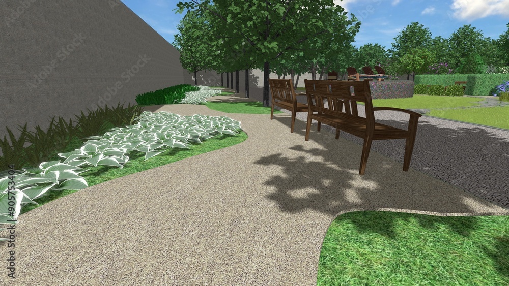 3d image of the landscape design of the home territory. Landscaping of ...