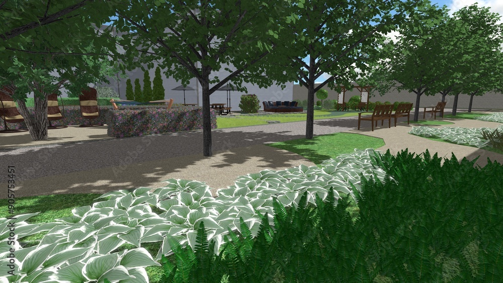 3d image of the landscape design of the home territory. Landscaping of ...