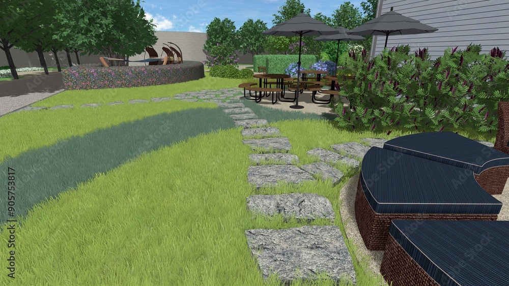 3d image of the landscape design of the home territory. Landscaping of ...