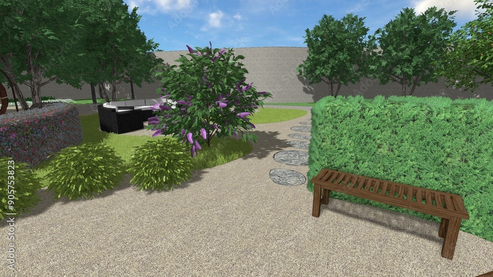 3d image of the landscape design of the home territory. Landscaping of ...