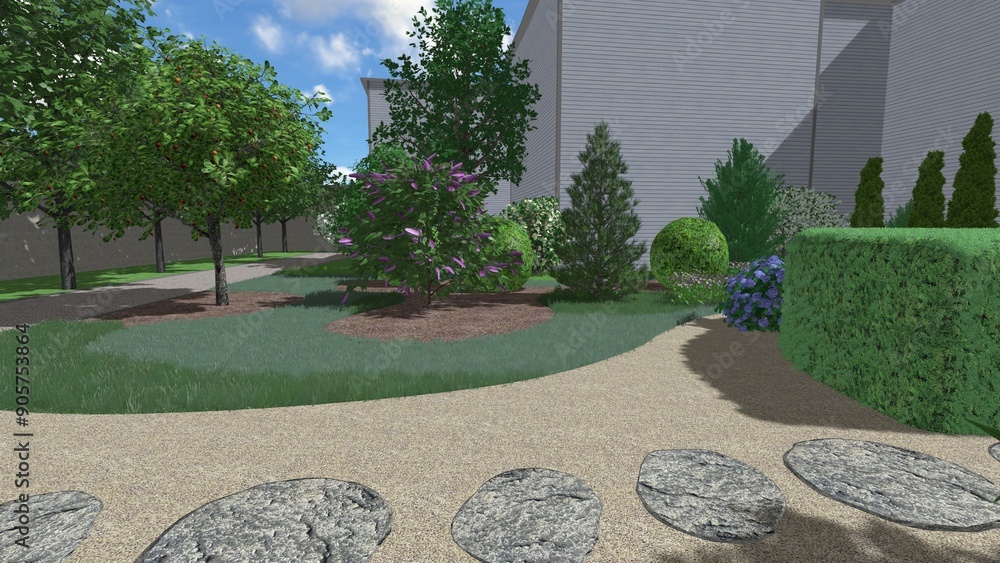 3d image of the landscape design of the home territory. Landscaping of ...