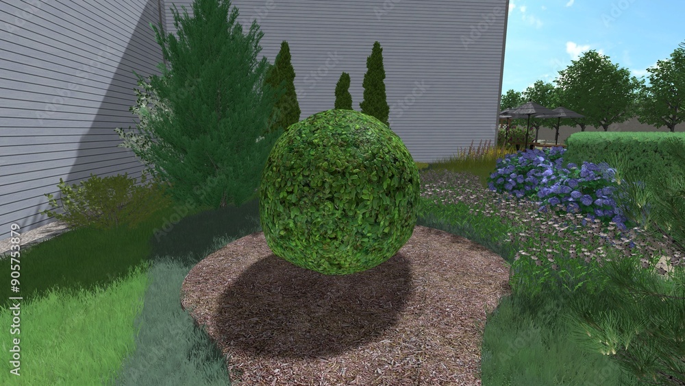 3d image of the landscape design of the home territory. Landscaping of ...