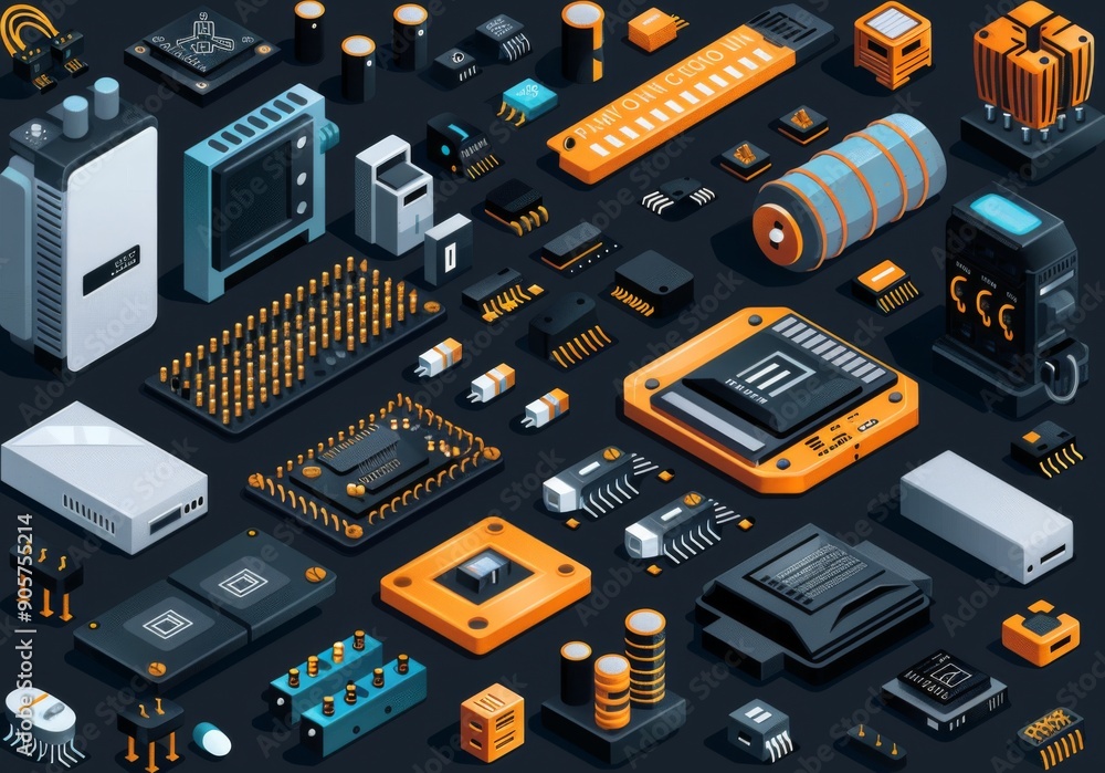 Isometric Vector Illustration of Electronic Component Icons, a Modern ...