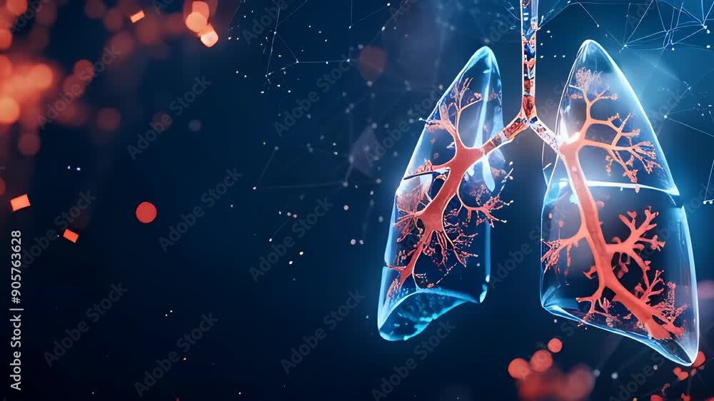 High-tech graphic of lungs illuminated with blue and red lights ...