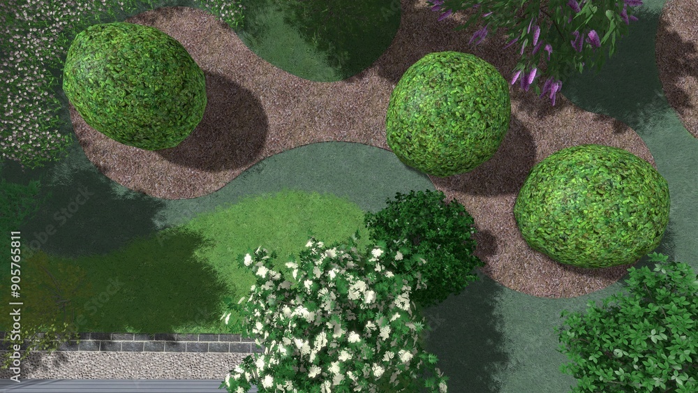 3d image of the landscape design of the home territory. Landscaping of ...