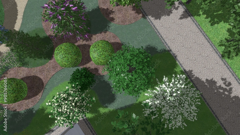 3d image of the landscape design of the home territory. Landscaping of ...