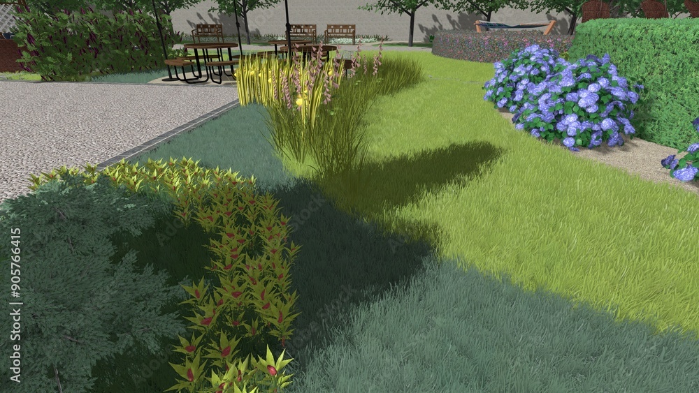 3d image of the landscape design of the home territory. Landscaping of ...