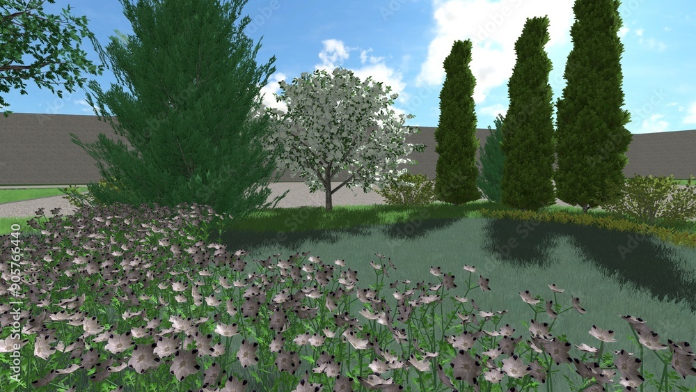 3d image of the landscape design of the home territory. Landscaping of ...