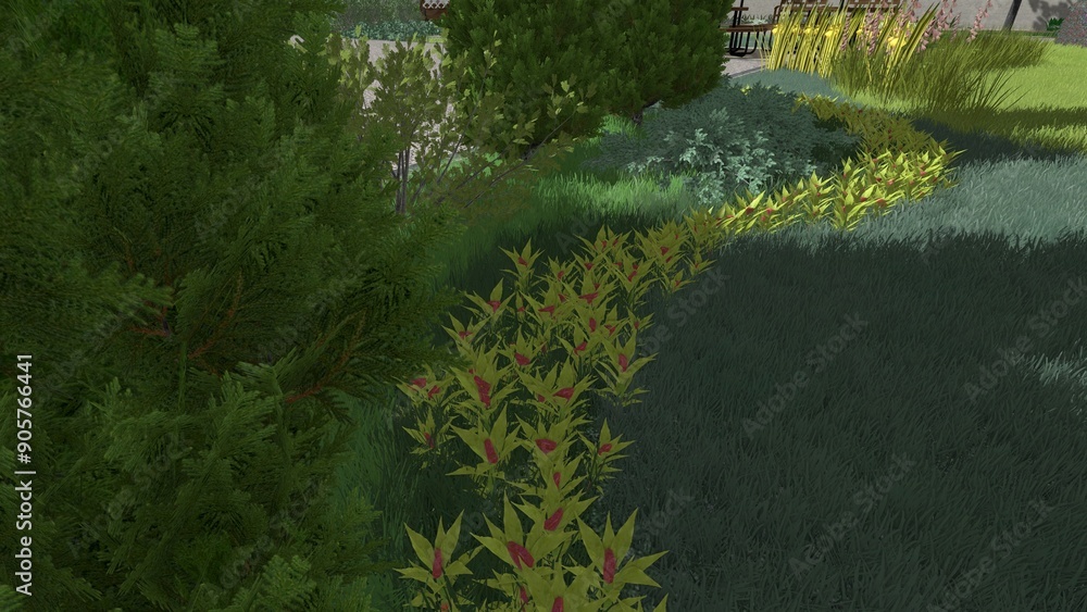 3d image of the landscape design of the home territory. Landscaping of ...