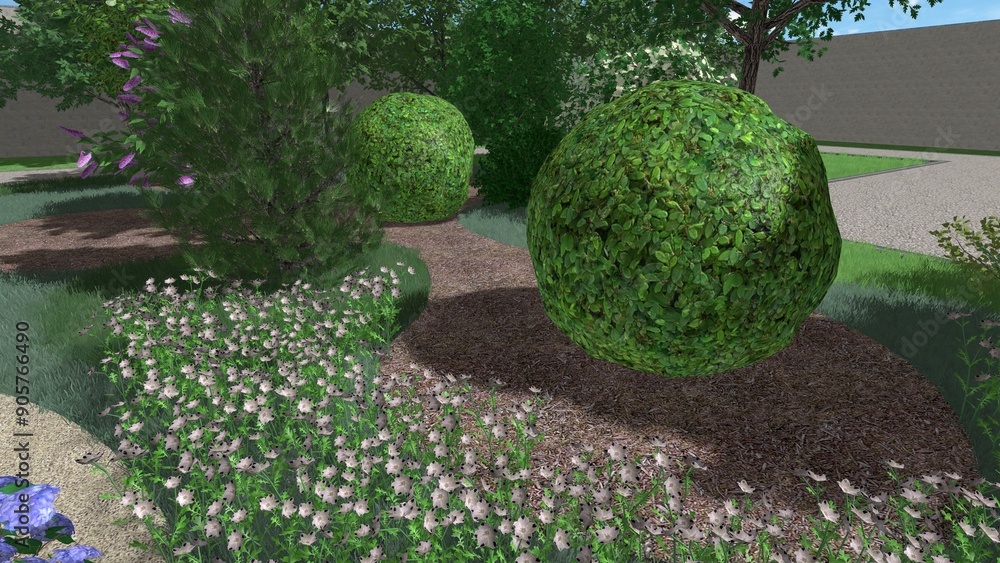 3d image of the landscape design of the home territory. Landscaping of ...