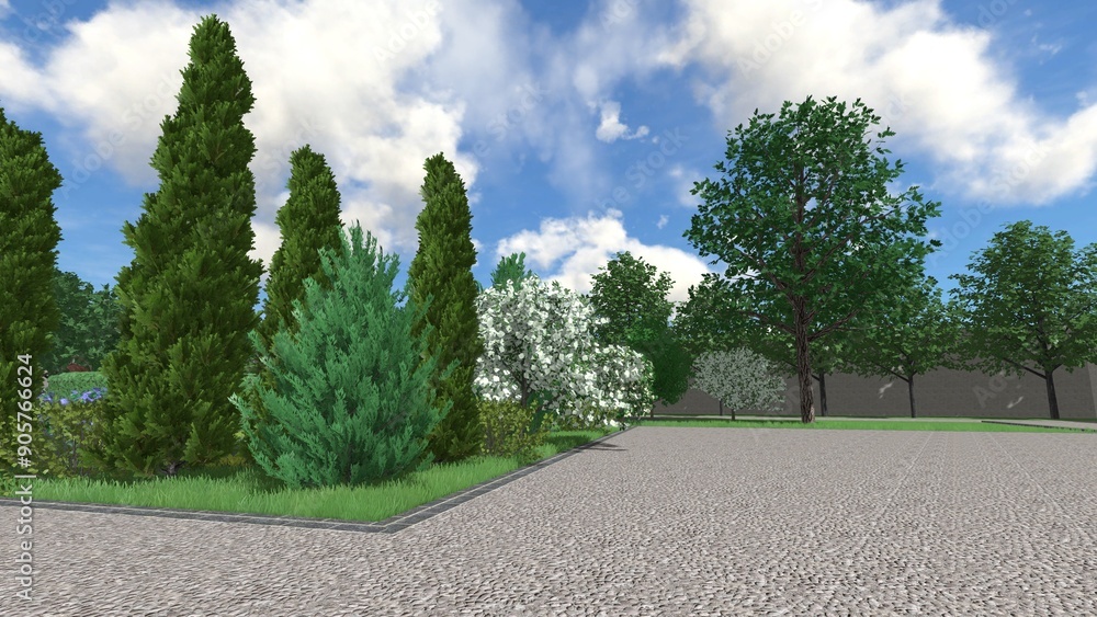 3d image of the landscape design of the home territory. Landscaping of ...