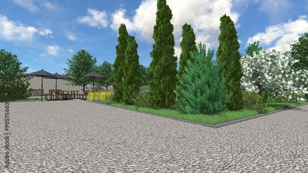 3d image of the landscape design of the home territory. Landscaping of ...