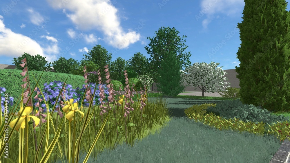 3d image of the landscape design of the home territory. Landscaping of ...