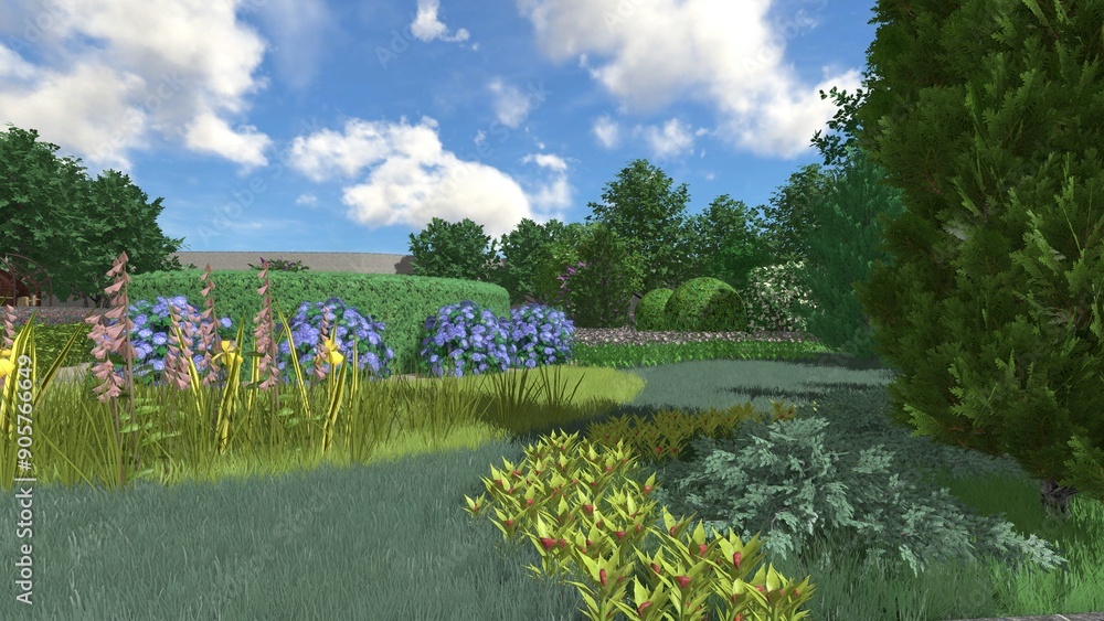 3d image of the landscape design of the home territory. Landscaping of ...