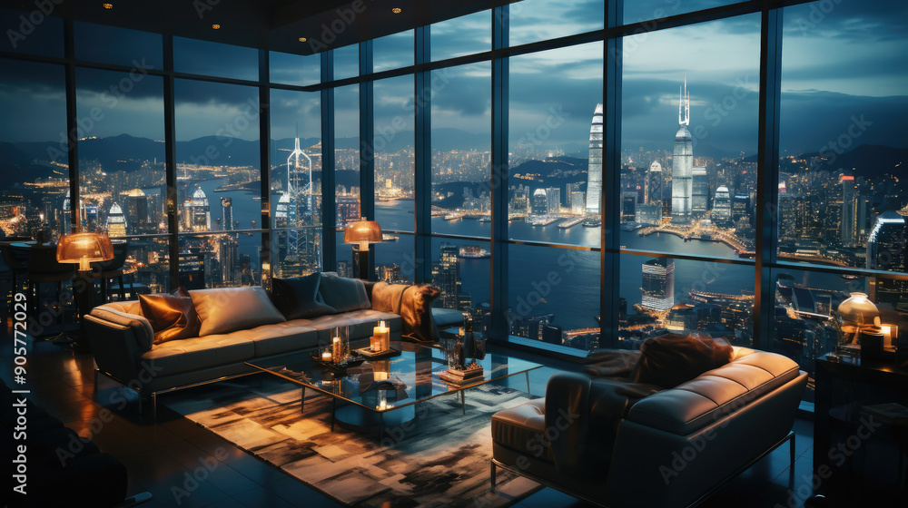 apartment in a skyscraper with panoramic windows and views of Hong Kong ...