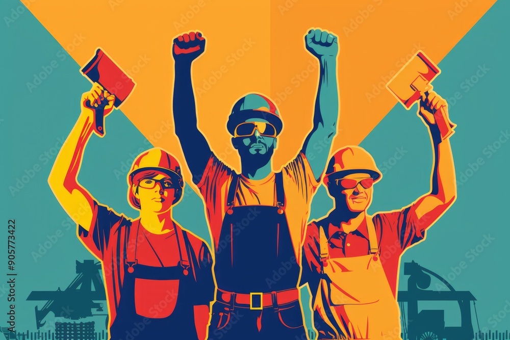 Group of construction workers celebrating with raised hands, possibly ...