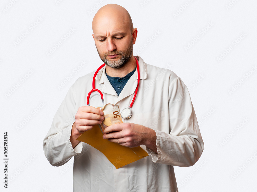 Male doctor holding brown envelope and counting cash money. Bribery and ...