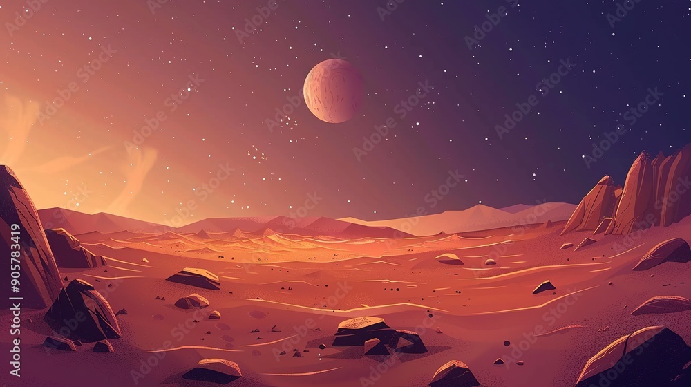 Game space background, alien planet landscape, cartoon fantasy red Mars ...