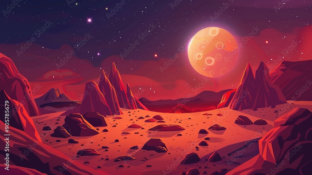 Game space background, alien planet landscape, cartoon fantasy red Mars ...