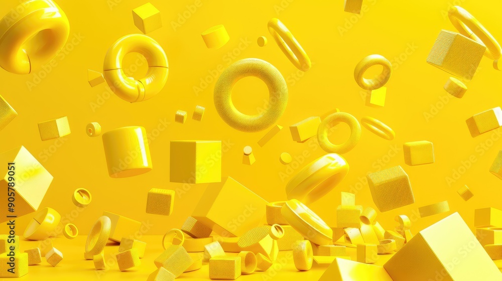 3D illustration of a yellow background with scattered, floating yellow ...