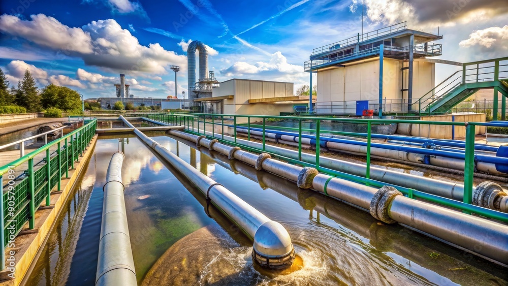 Water Treatment Plant Pipes Flowing Through a Channel with a Bright ...