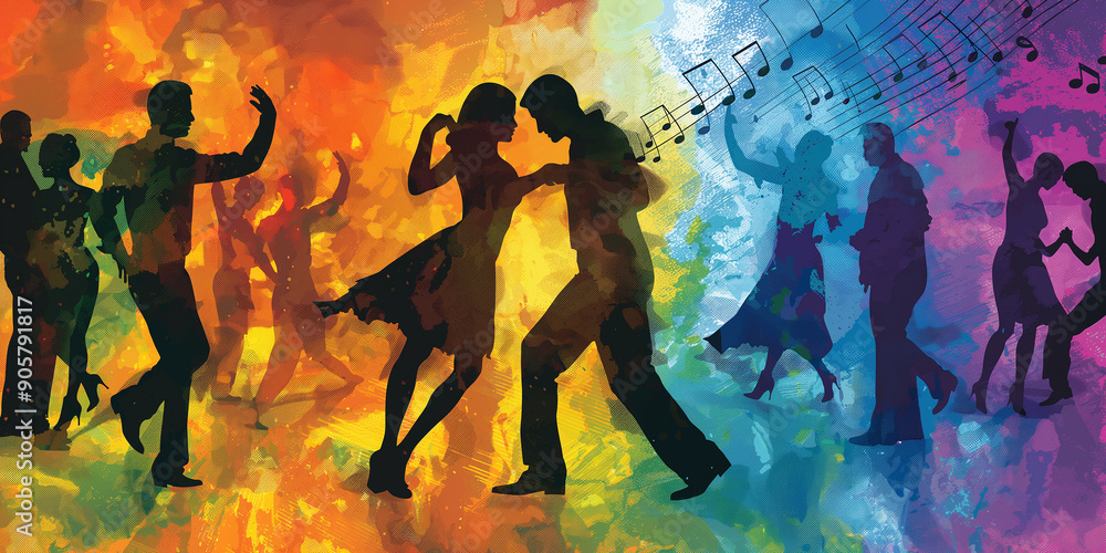 Happy people dancing salsa on colorful background with musical notes ...