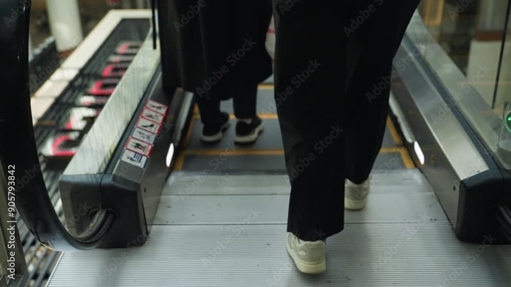 close-up view of two people in black outfits ascending an escalator in ...