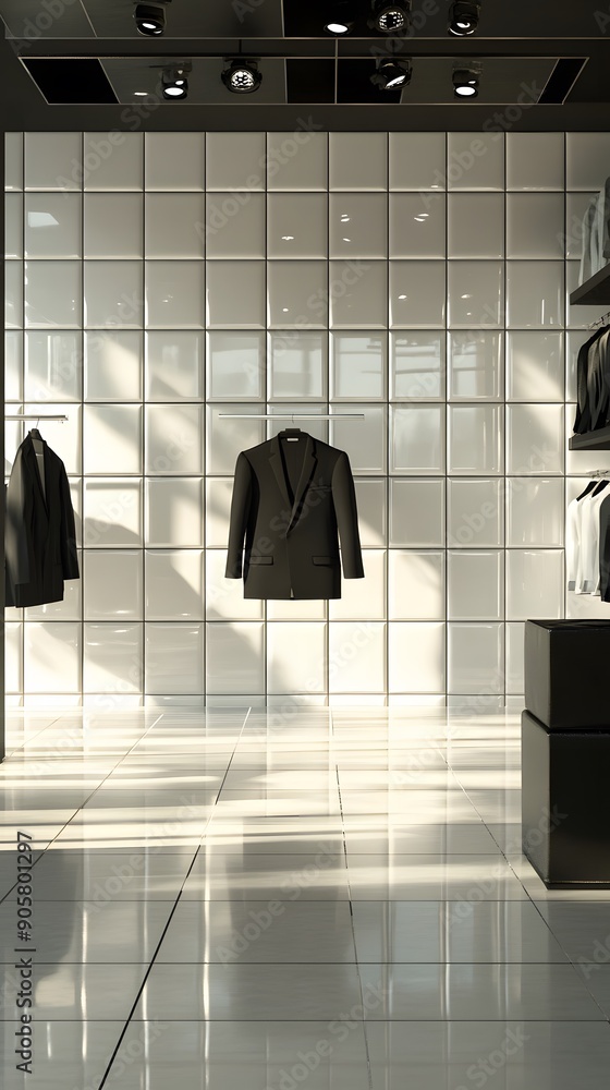 Display of black and gray dress clothes in a modern store, white square ...