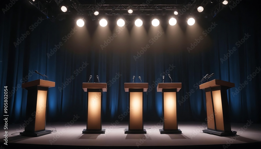 Debate or speech stage with microphones under a spotlight. Business ...