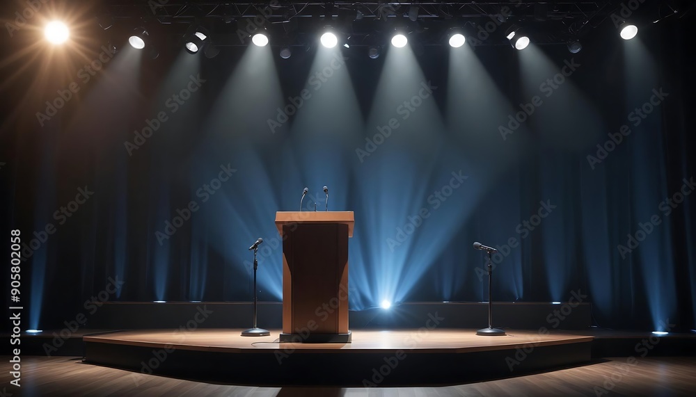 Debate or speech stage with microphones under a spotlight. Business ...