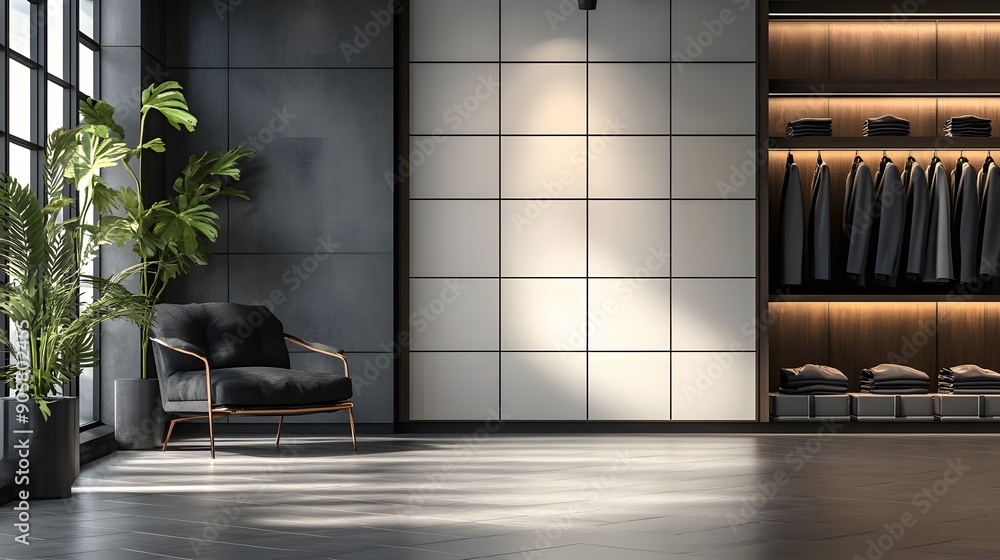 Display of black and gray dress clothes in a sleek modern shop, white ...