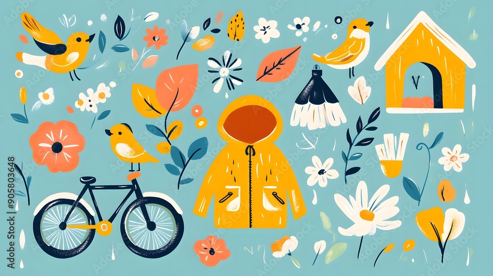 Cute and colorful spring doodles set with a raincoat, balance bike ...