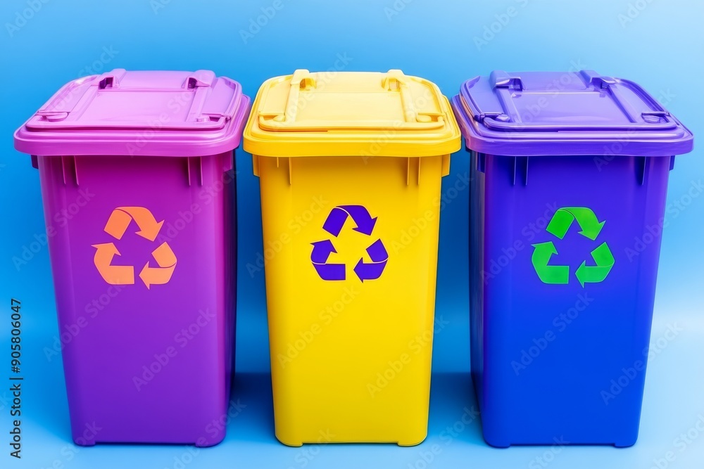 Colorful recycling bins on vibrant background symbolizing cheerful and effective waste ...