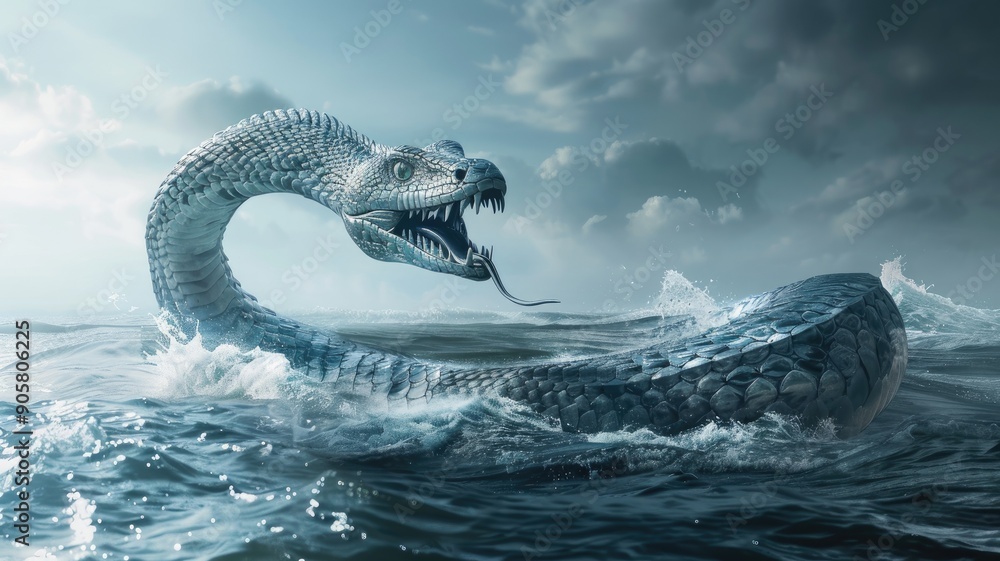 Blue sea serpent emerges from ocean, baring teeth Stock Illustration ...