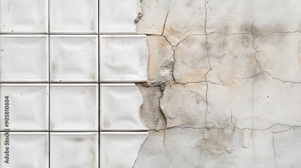 Moisture-damaged ceiling tiles and a wall with visible cracks and mold ...