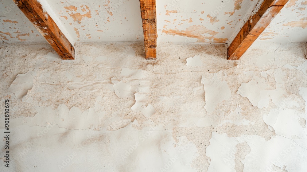 Neglected ceiling in an old room, with large areas of plaster fallen ...