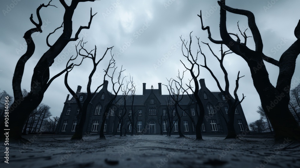 Majestic mansion in a desolate garden overrun by twisted trees, bathed ...