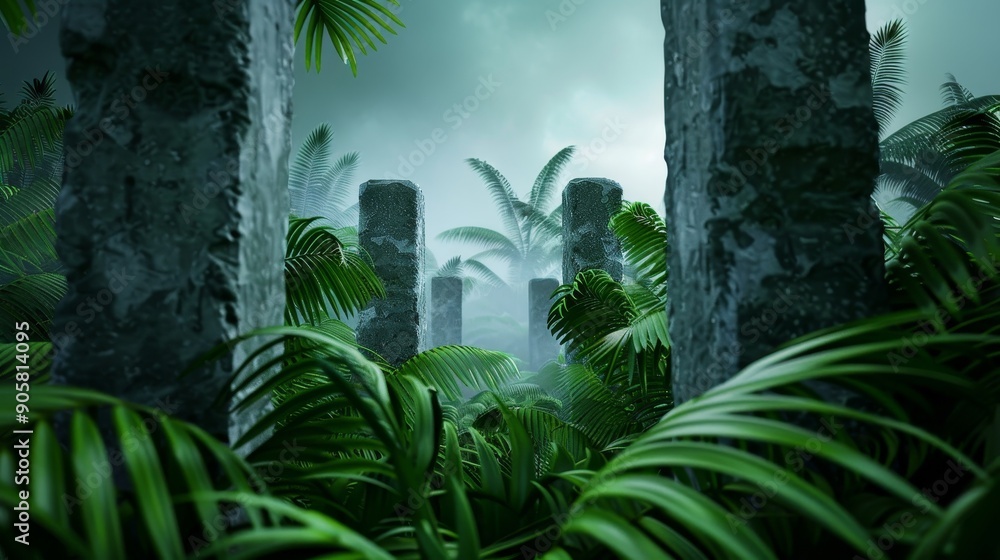 Deep jungle at dusk with thick vegetation and ancient stone structures ...
