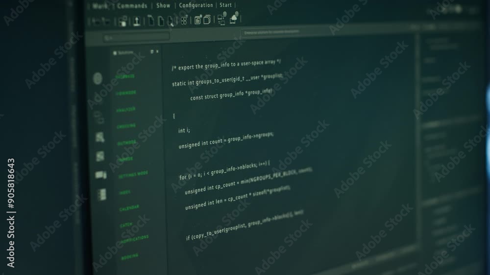 Close Up Of Lines Of Code Running On Computer Display In Modern Data Center Monitoring Security