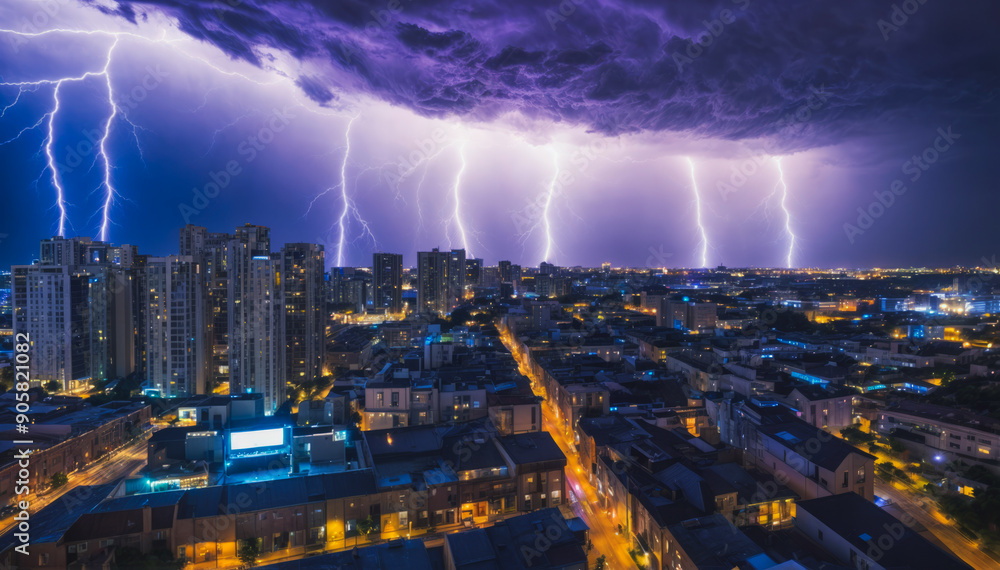 A dramatic lightning storm illuminates the night sky over a city ... A dramatic lightning storm illuminates the night sky over a city ...