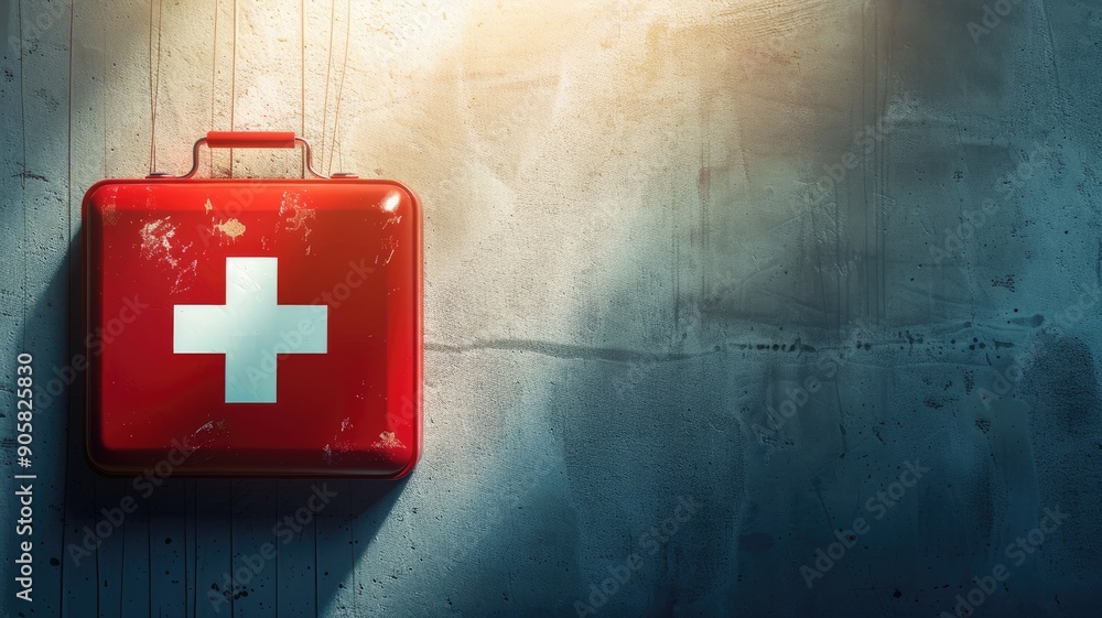 Red first aid kit with white cross on textured wall surface Stock ...