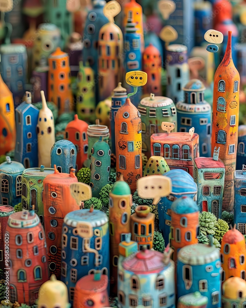 Colorful whimsical clay sculptures of city buildings with conversation ...