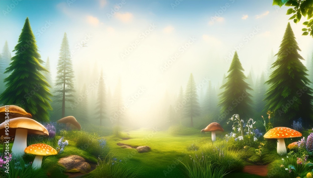 cartoon forest landscape with flowers trees mushrooms and plants Stock ...