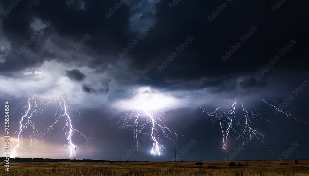 thunderous dark sky with black clouds and flashing lightning panoramic view concept on the theme ...