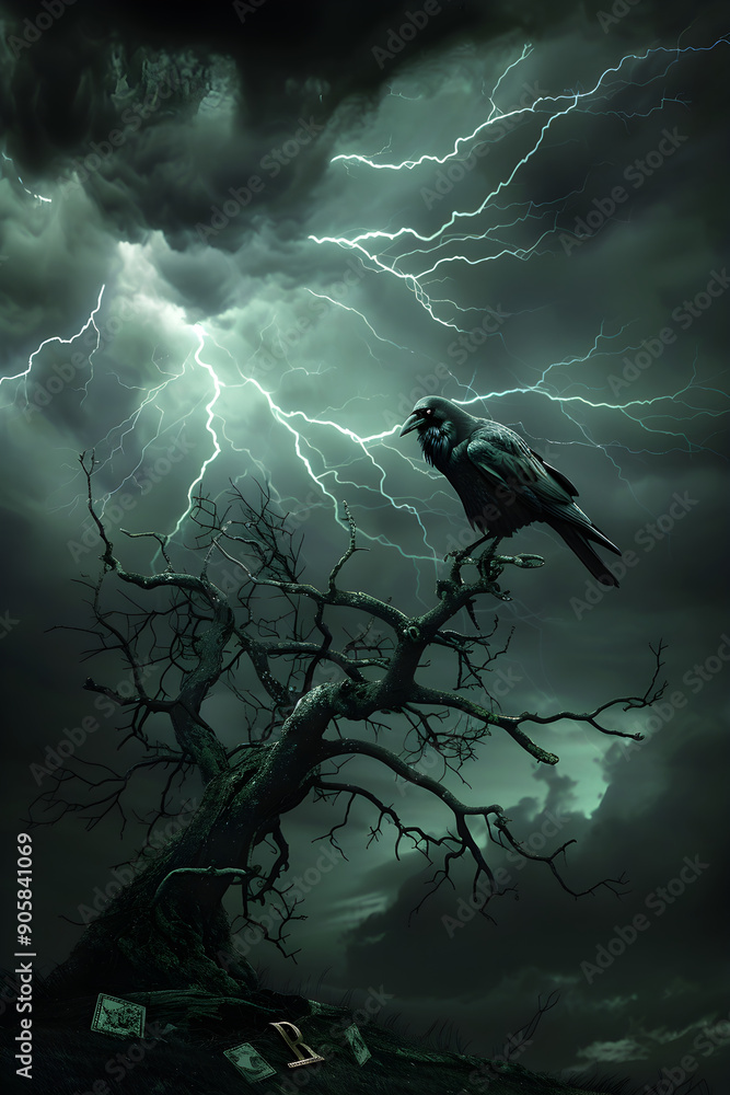 Foreboding Raven on Gnarled Tree Amidst Cosmic Storm - An Allegory of ...