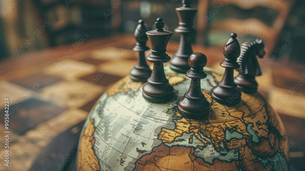 Chess pieces on a globe. Concept of global strategy and game of chess ...